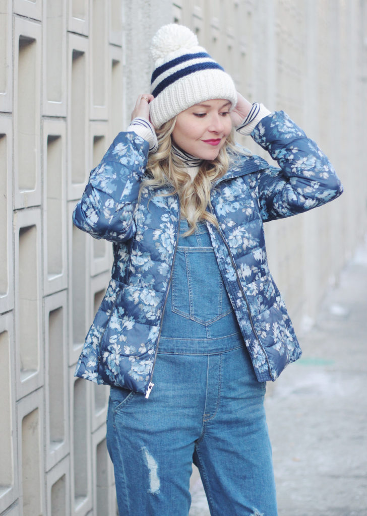 Casual Winter Layers - Floral Puffer Jacket and Denim Overalls